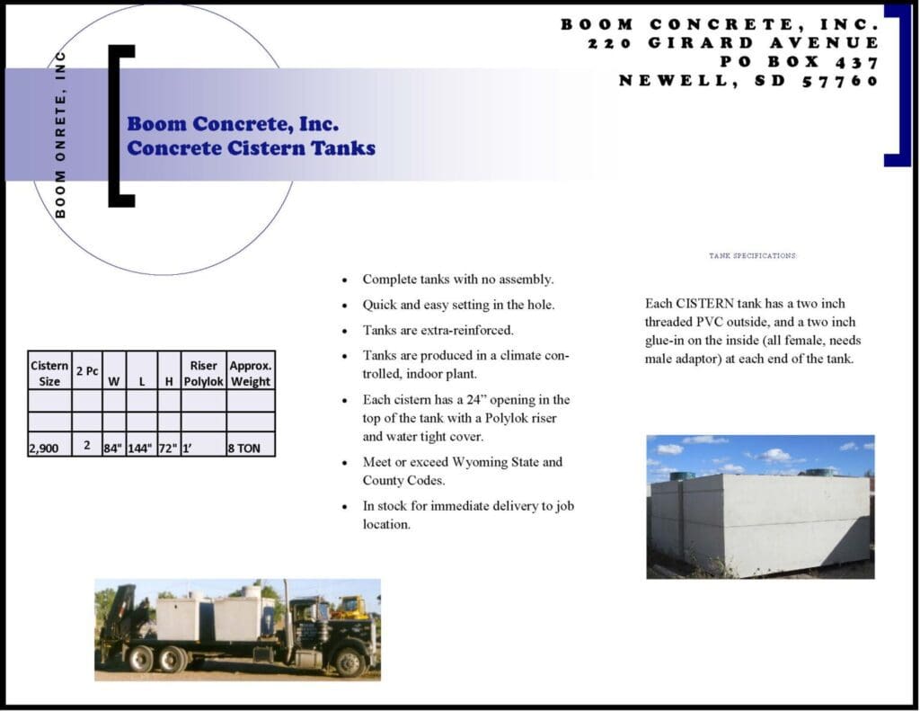 Concrete Cistern Tanks - Septic Tanks - Boom Concrete, Inc